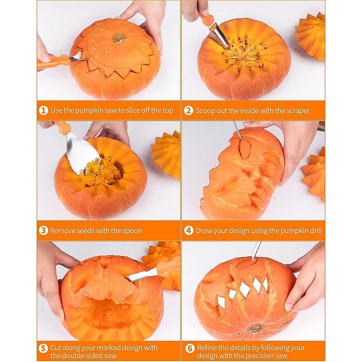 Halloween Pumpkin Carving Tools Kit, Professional and Heavy Duty Stainless Steel Pumpkin Cutter Knife Saw Scoop Tools Set for Kids or Adults, 7Pcs Carving Set for Halloween Decoration Jack-O-Lanterns