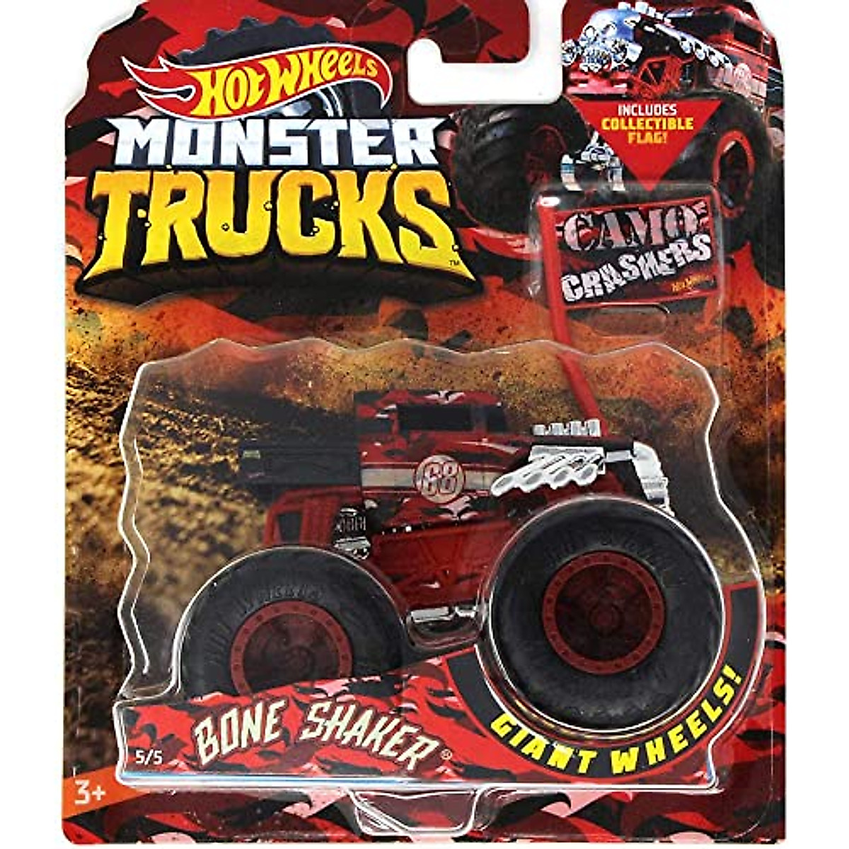 Hot Wheels Monster Trucks 1:64 Scale Die-Cast Vehicle - Camo Crashers 5/5 ~ Bone Shaker with Collectible Flag