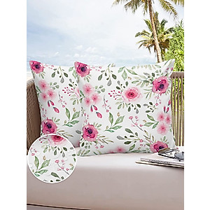 ALAGEO Outdoor Waterproof Pillow Covers for Patio Furniture Pink Flowers Decorative Throw Pillow Cover Spring Style Floral Pillowcases Set of 2 Cushion Case for Sofa Couch Chair Home Decor 18x18 inch