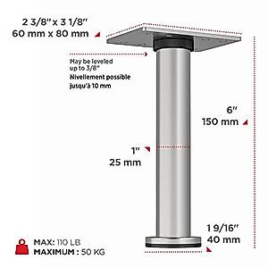 Richelieu Hardware 64217150170 5 15/16 in (150 mm) Round Furniture Leg with Levelling Glide, Stainless Steel