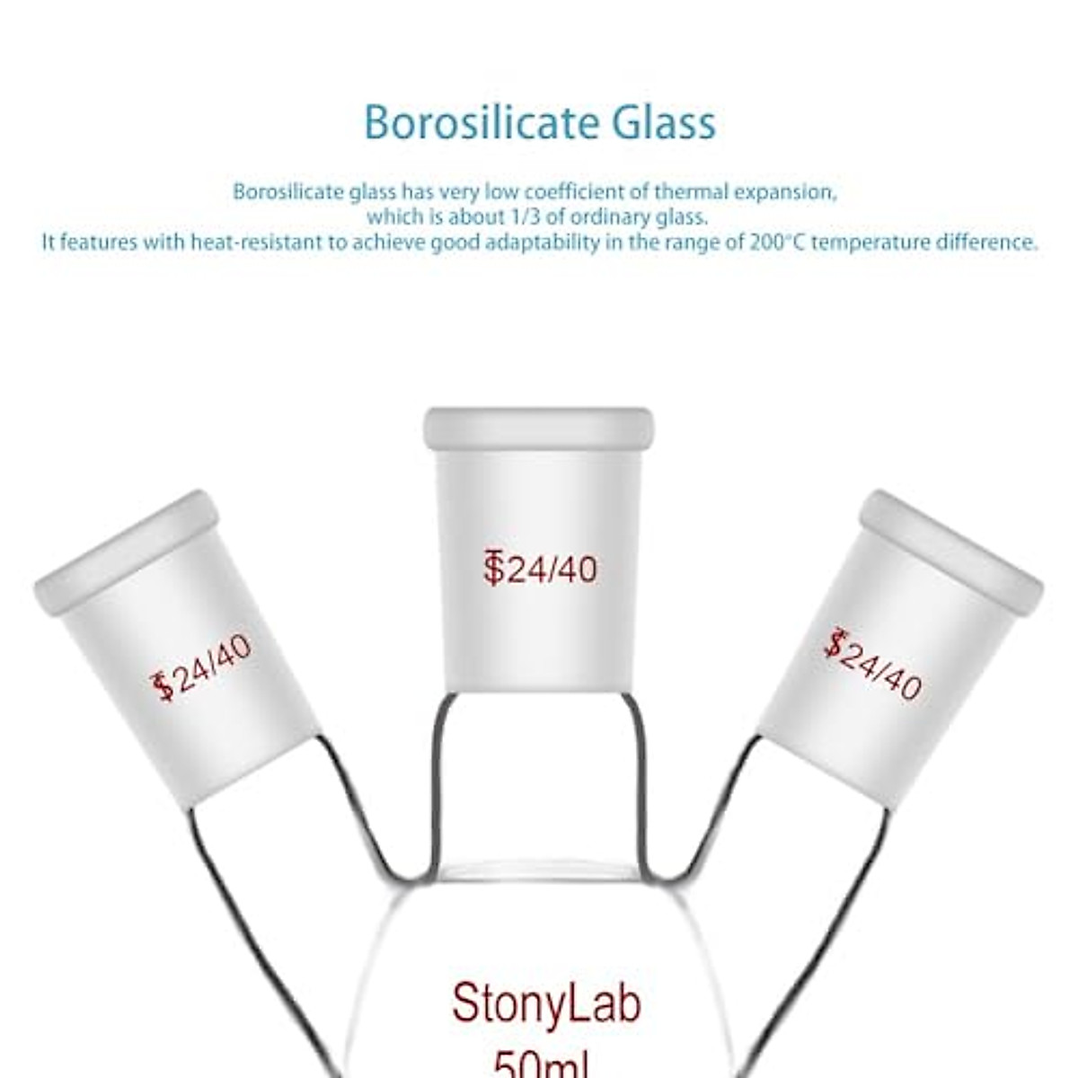 StonyLab Glass 50ml Heavy Wall 3 Neck Round Bottom Flask RBF, with 24/40 Center and Side Standard Taper Outer Joint – 50ml