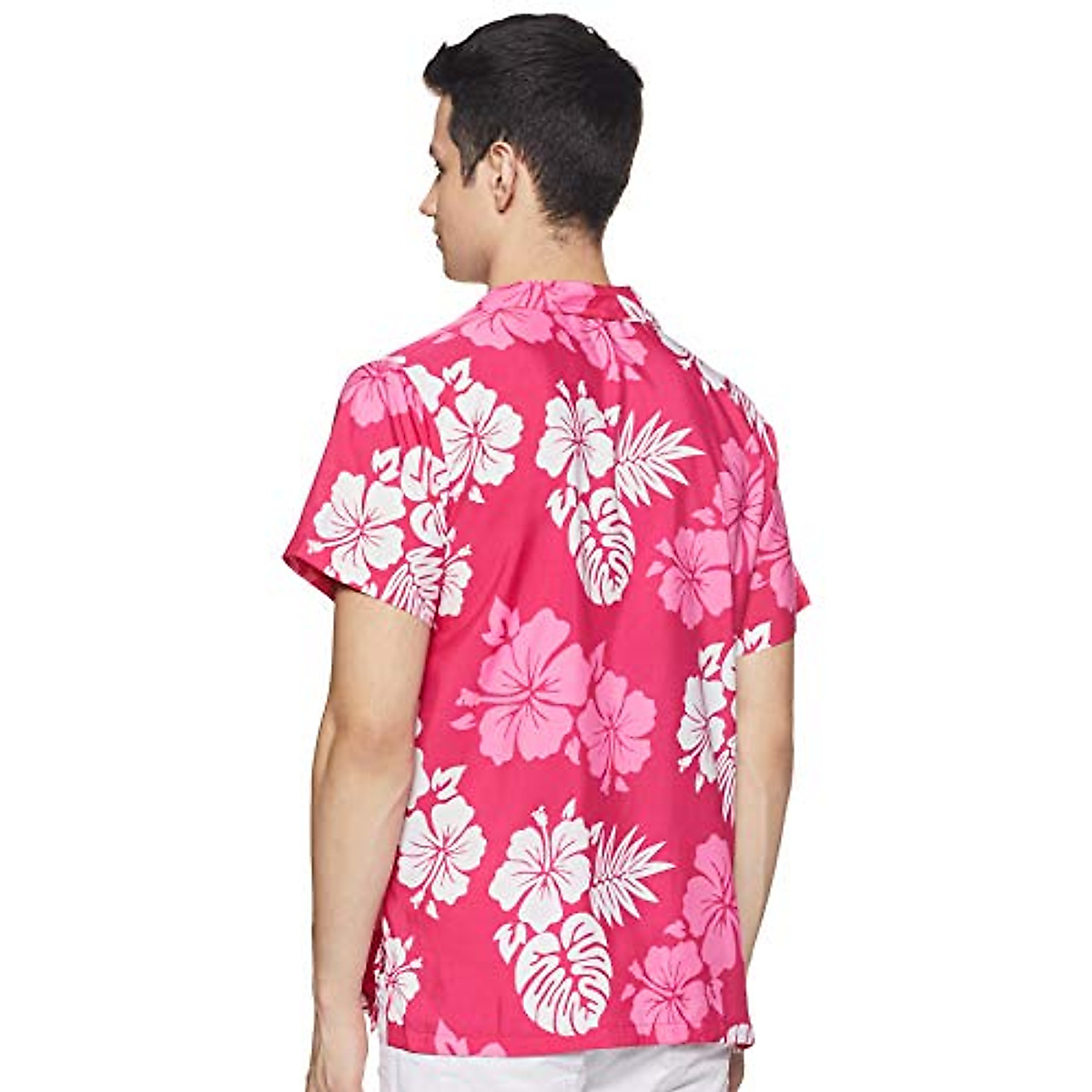 Stylore Hawaiian Shirt for Men Aloha Shadow Hibiscus Pink White Small
