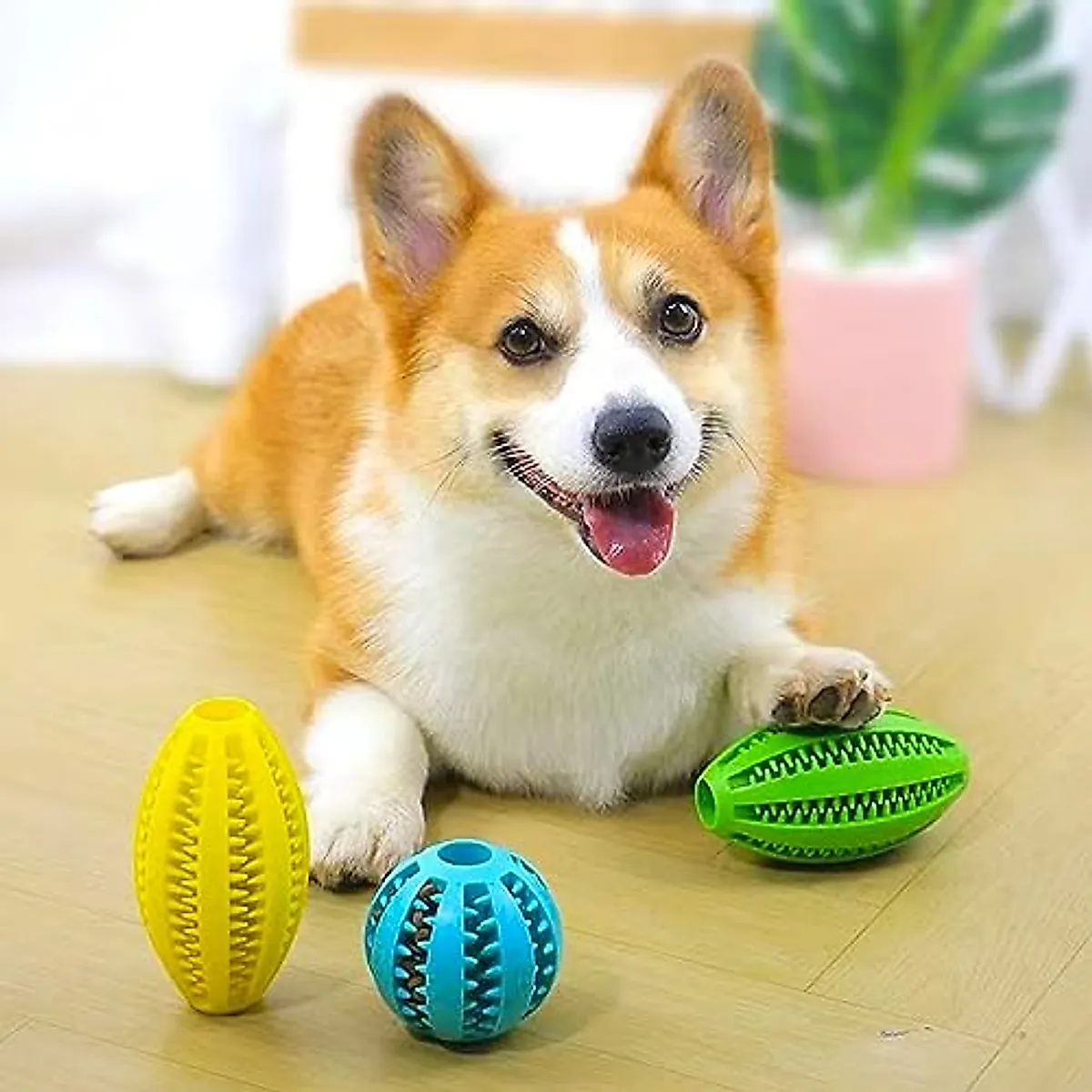 LKSTK 3 Pack Dog Toy Balls, 4.33” Interactive Rugby Dog Toys, Durable Dog Puzzle Rubber Ball Teeth Cleaning Dispensing Toy Nontoxic Bite Resistant Toy Ball for Small Medium Large Dogs