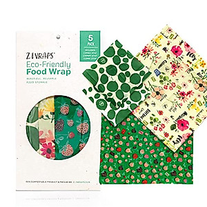 Z Wraps Multi 5-Pack, Reusable Beeswax Food Wrap and Food Storage Saver, Alternative to Plastic Wrap, Sustainable, Eco-Friendly Beeswax Food Wraps - 2 Small, 2 Medium, 1 Large (Leafy/Bees/Strawberry)
