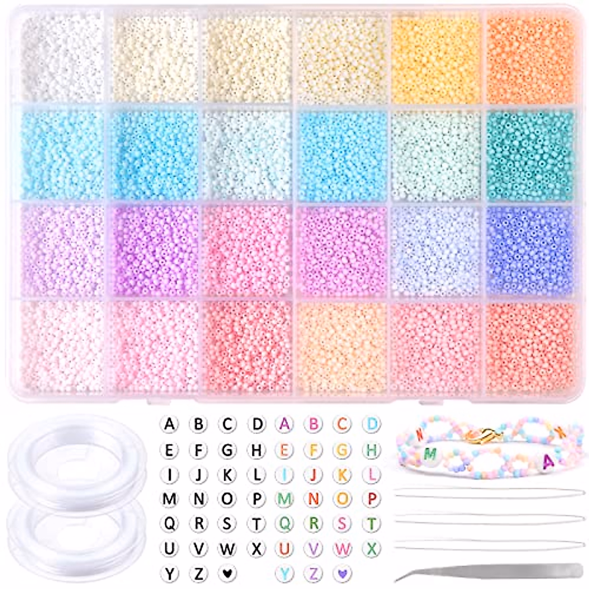 Gacuyi Pastel Glass Seed Beads 10008pcs 2mm Jewelry Making Kit, Macaron Small Beads Pony Beads for Bracelets Necklace Ring Making with Alphabet Letter Beads Rolls of Elastic String Cord