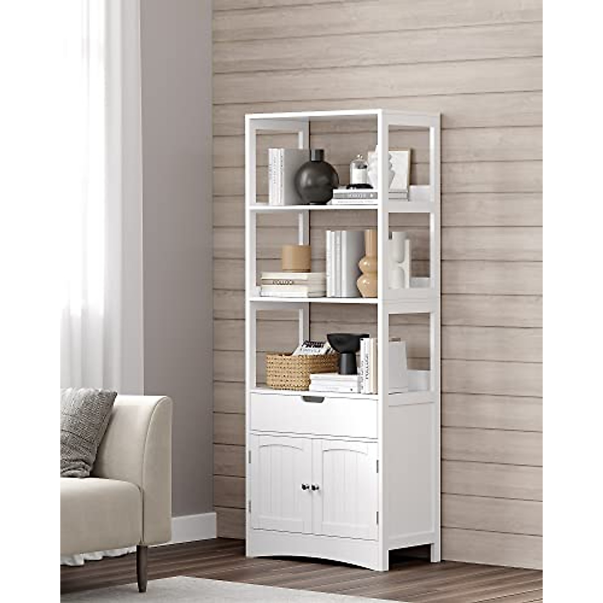 VASAGLE Bathroom Storage Cabinet, Freestanding Linen Tower, Tall Bookcase with 3 Open Shelves, 1 Large Drawer, 12.8 x 23.6 x 60.6 Inches, for Entryway, Kitchen, Study, White UBBC67WT