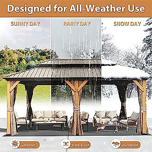Jaxenor Outdoor Cedar Wood Frame Canopy - 12'x20' Hardtop Gazebo with Galvanized Steel Double Roof - Permanent Metal Pavilion for Patio, Backyard, and Lawn - Includes Curtains and Netting - Brown