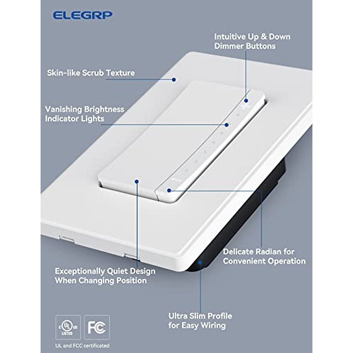 ELEGRP Smart Dimmer Light Switch DPR30, 2.4GHz Wi-Fi Dimmer Switch Compatible with Alexa and Google Assistant, Single Pole/3 Way, Needs Neutral Wire, No Hub Required, UL&FCC Listed, White, 1 Pack