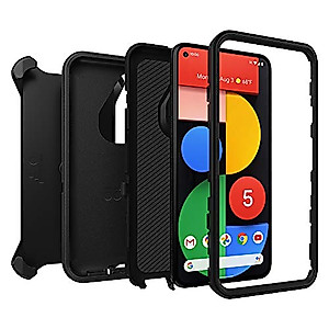 OtterBox Google Pixel 5 Defender Series Case - BLACK, rugged & durable, with port protection, includes holster clip kickstand