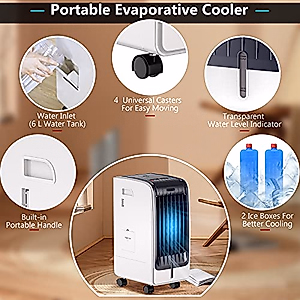 GOFLAME Evaporative Air Cooler, Bladeless Fan with 3 Mode and 3 Wind Speed Settings, Air Humidifier with 6L Water Tank, Quiet Operation, 8-hour Time Setting w/Remote Control, Ideal for Home and Office