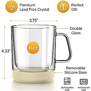 Zovoko Double Wall Insulated Glass Coffee Mugs (Large - 16 oz - Set of 2) - Removable Non-Slip Silicone Coaster - Microwave/Dishwasher Safe - 100% Borosilicate Glass