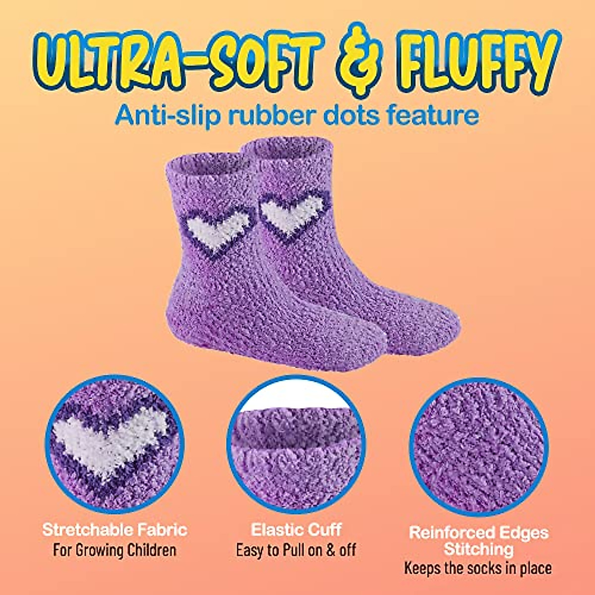 Debra Weitzner 6 Pairs Warm Fuzzy Socks for Kids with Grippers - Non Skid Slipper Socks for Toddlers - Solid Hearts 4-6 Yr