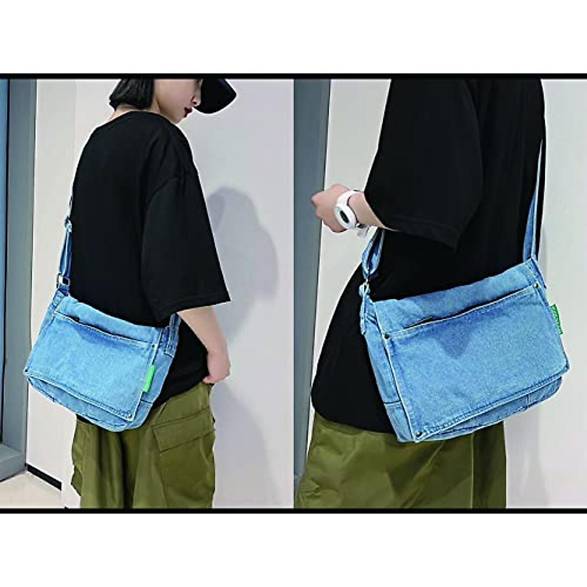 XACKWUERO Women Fashion Denim Casual Crossbody Bag Large Capacity Tote Bag Wide Strap Shoulder Bag for Shopping Working (Light Blue)