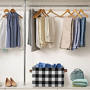 Black White Buffalo Plaid Storage Basket Collapsible Storage Bins Cubes Box Clothes Hamper Toy Chest Fabric Gift Baskets for Shelves Office Home Nursery Shoes with Leather Handles