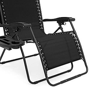 Best Choice Products Oversized Steel Mesh Zero Gravity Reclining Lounge Patio Chair w/Folding Canopy Shade and Cup Holder, Black