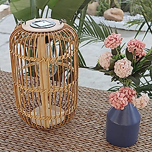 Livinlarge Solar Lantern Outdoor Waterproof, Large Rattan Solar Lantern Outdoor Hanging with Handle, Natural Bamboo Solar Outdoor Lights with Edison Bulb for Garden Patio Yard Tabletop Decoration