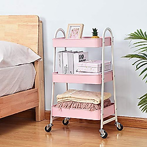 3-Tier Utility Rolling Cart with Large Storage and Metal Wheels for Office,Kitchen,Bedroom,Bathroom,Black,Pink,White