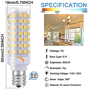 E12 LED Bulb Dimmable 7W C7 Bulb Equivalent to E12 Halogen Bulb 60W, Warm White 3000K T6 E12 Candelabra Bulb 60 Watt for Ceiling Fan, Chandelier Lighting, AC120V Kx-2000 Bulbrite Replacement (6 Pack)