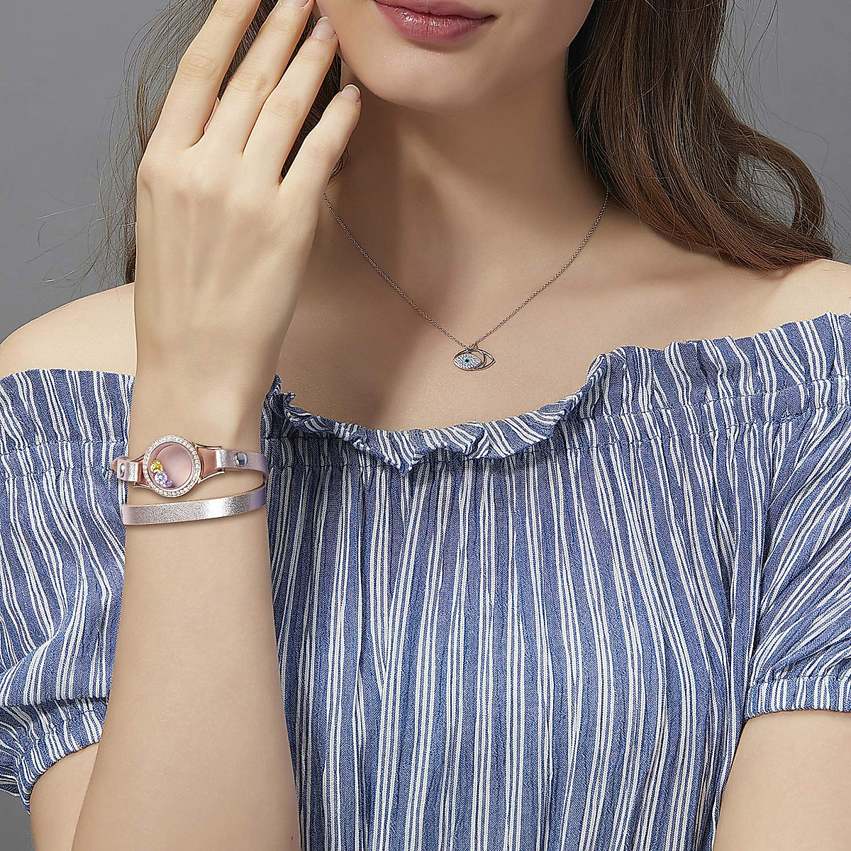 EVERLEAD Carving Round Aromatherapy Essential Oils Diffuser Locket Bracelet 316l Stainless Steel Real Leather Bracelet (Style 10)