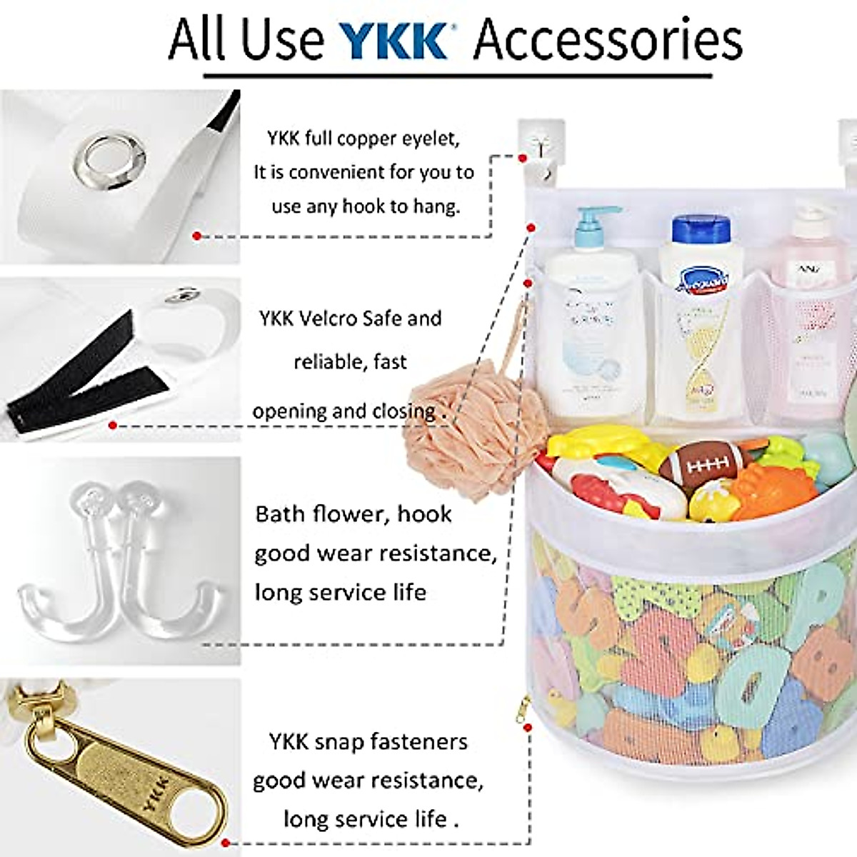 Baby Bath Toy Organizer, quick drying， and mould proof, Multiple-Suspension Bath Toy Holder, Large Capacity Multi Use Bathtub Toy Storage Bag（1 Large, White）