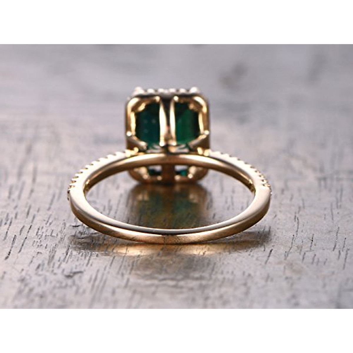 Emerald Engagement Ring,14K Yellow Gold,May Birthstone,6x8mm Emerald Cut Green Gems,Halo,Ball Prong Set