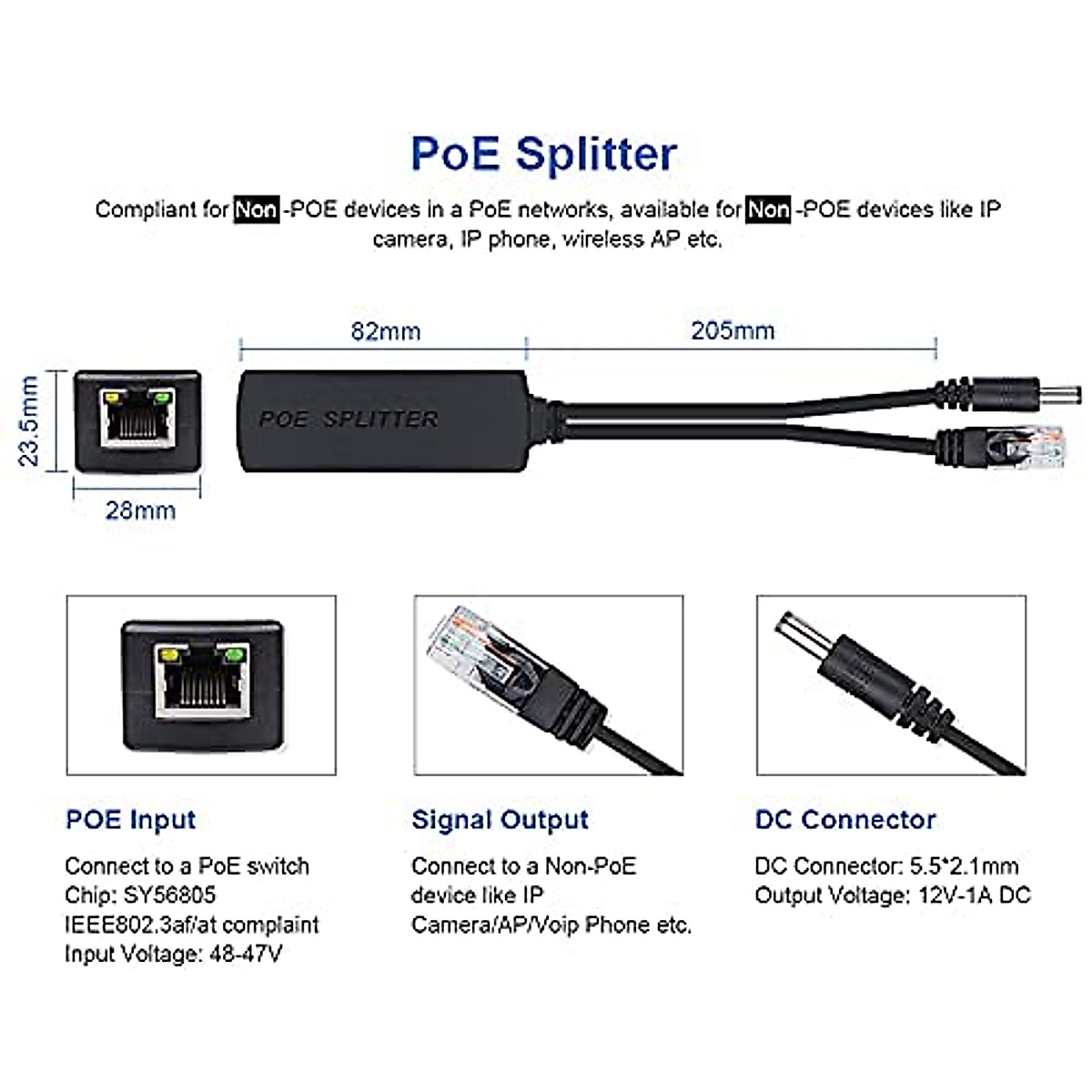 10Gtek 1.25G PoE Splitter Cable, 10/100/1000Mbps, 802.3af/at, 48V to 12V, 100 Meters Link