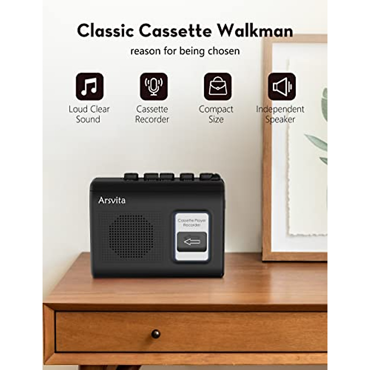 Arsvita Walkman Cassette Player, Portable Tape Recorder, Build-in Speaker and Microphone,Black