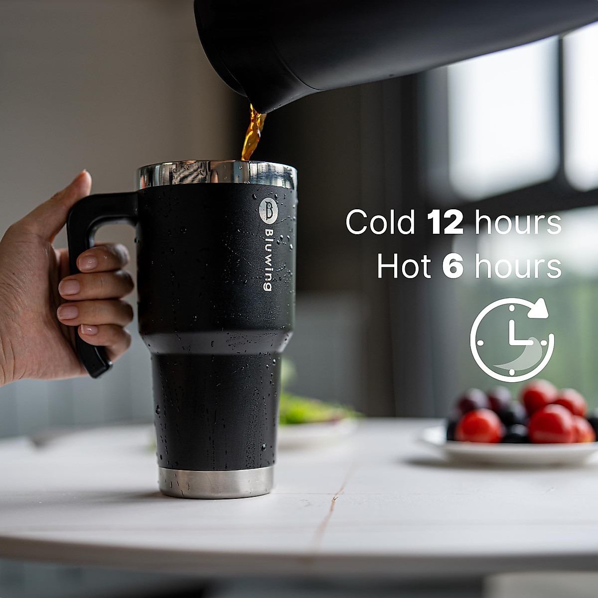 Bluwing Stainless Steel Coffee Tumbler with Handle, 30 oz Double Wall Vacuum Insulated Water Tumbler with Spill Proof Lid for Travel（Black）