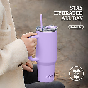 O'JAY Insulated 40oz Tumbler with Handle and Straw Lid - 100% Leak-Proof - Cupholder Friendly Travel Mug - Stainless Steel Insulated Tumbler with Lid and Straw - (Pure Lavender)