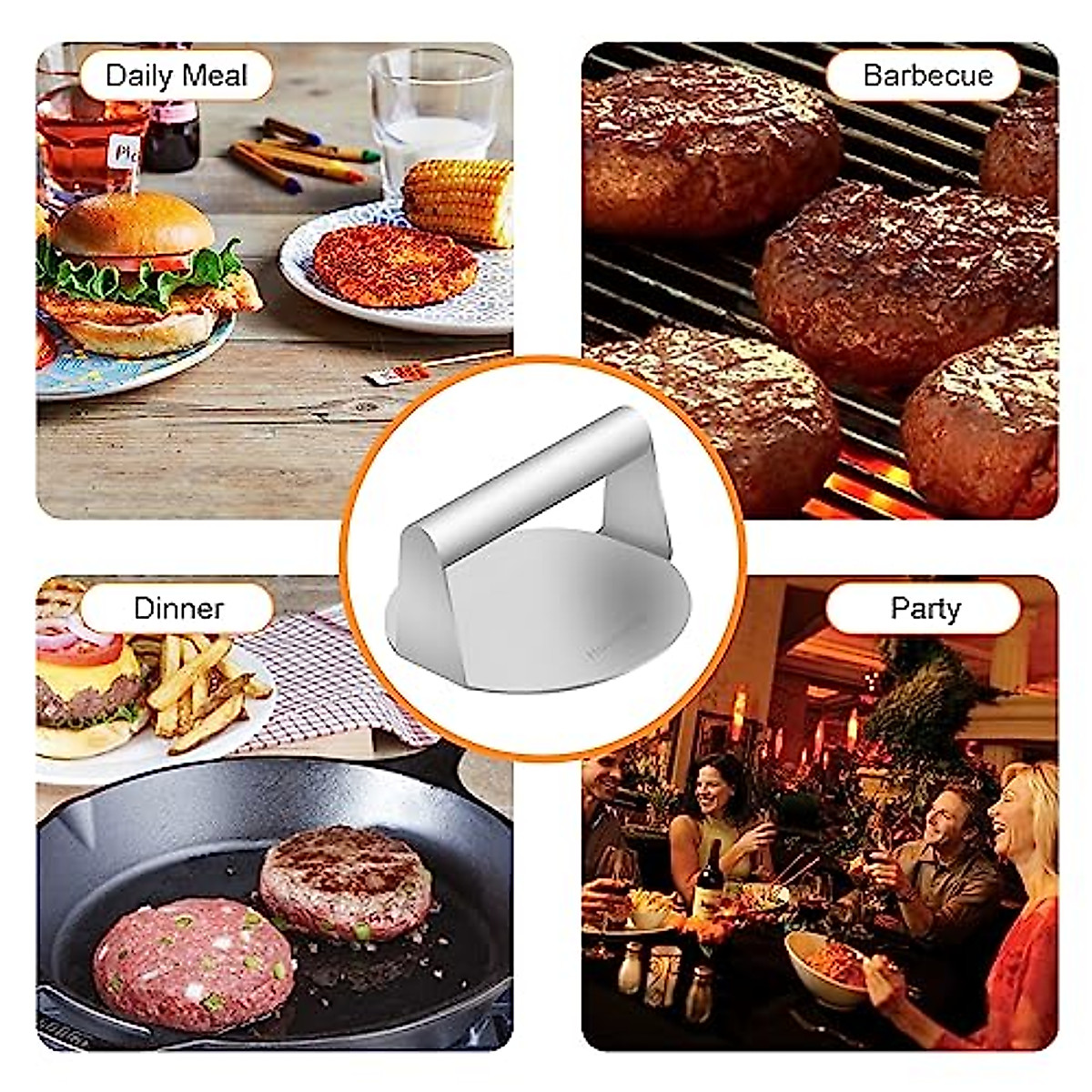 Stainless Steel Burger Press, Burger Smasher Heavy-Duty Bacon Grill with Silicone Brush, Non Stick Grill Press for BBQ, Flat Top Griddle & Grill Cooking, Dishwasher Safe and Easy to Clean
