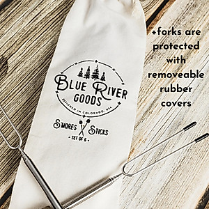 Blue River Goods Smores Sticks | Set of 6 Marshmallow Roasting Sticks | Telescoping Stainless Steel w/Walnut Handles | Smore Sticks for Marshmallow Sticks for Fire Pit | Smore Sticks for Fire Pit