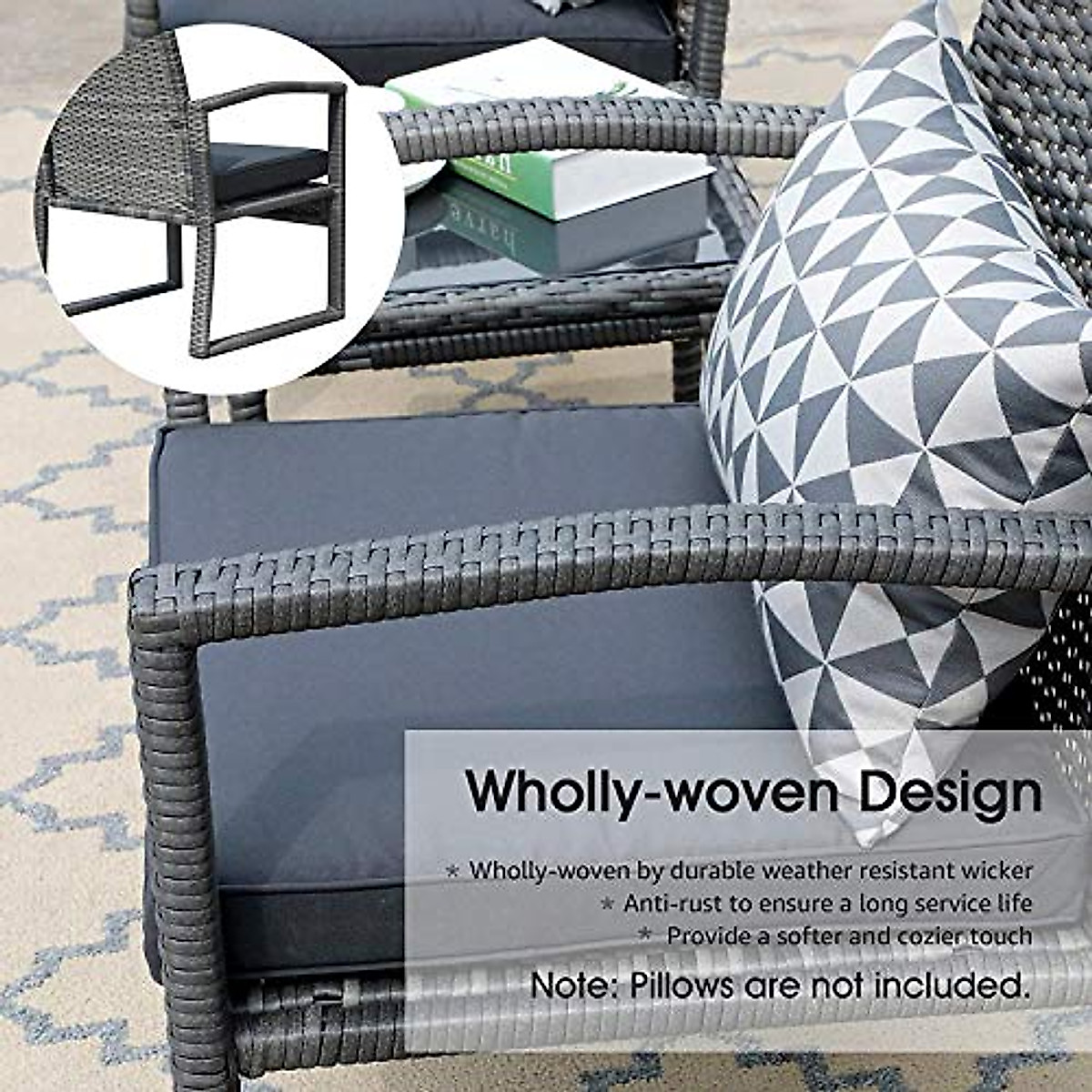 Patiorama 3 Pieces Outdoor Patio Furniture Set, Outdoor Wicker Conversation Set, Patio Rattan Chair Set, Modern Bistro Set with Coffee Table, Garden Balcony Backyard Poolside (Dark Grey)