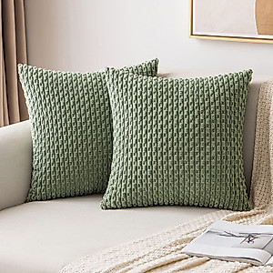 MIULEE Throw Pillow Covers Soft Corduroy Decorative Set of 2 Boho Striped Pillow Covers Pillowcases Farmhouse Home Decor for Couch Bed Sofa Living Room Spring 18x18 Inch Sage Green