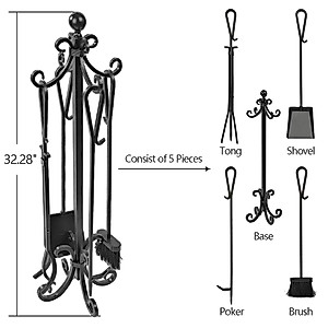 AMAGABELI GARDEN & HOME 5 Pieces Fireplace Tools Set Black Cast Wrought Iron Tool Set with Log Holder Fire Set Stand Scroll Rustic Antique Accessories Set