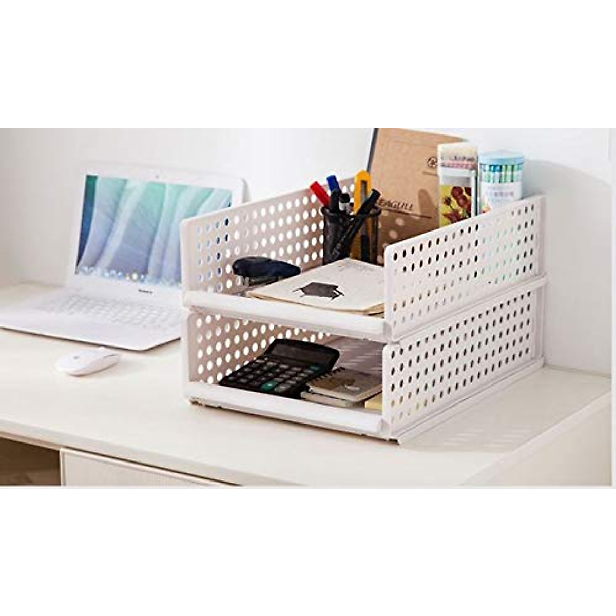 HomeDecoGoods Sturdy Simple Plastic Storage Drawers, Stackable Small Large Sliding Basket Organizer Drawer, White - Storage Drawers Organizer Using for Office, Kitchen, Living Room (Small)