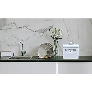 Metal Bin Dishwasher Pod Holder - Dishwasher Pods Container for farmhouse kitchen Decoration and Space Saving /White Dish Washer Tablets with Lid for Kitchen Storage & Organization Accessories