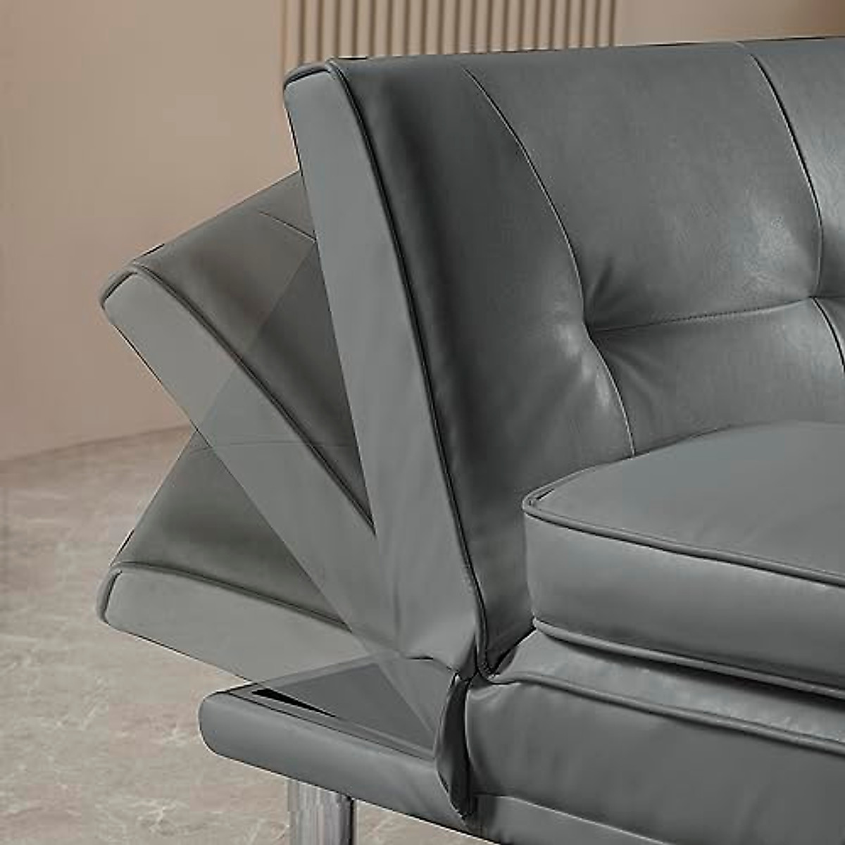 Anwick Modern Leather Futon Sofa Bed,Convertible Folding Couch Recliner Sleeper Loveseat for Small Space,Apartment,Office,Dorm,with Cup Holders and Removable Armrest (Gray-New)