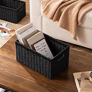 UBBCARE 2 Pack Wicker Basket, 13.4L×8.3H×7.1W inch Woven Paper Rope Storage Baskets for shelves, Foldable Rectangular Storage Baskets with Handle, Storage Basket for Organizing, Black