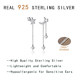 Reffeer Solid 925 Sterling Silver Asymmetric Moon Star Dangle Earring for Women Teen Girls CZ Drop Earrings Tassel Chain
