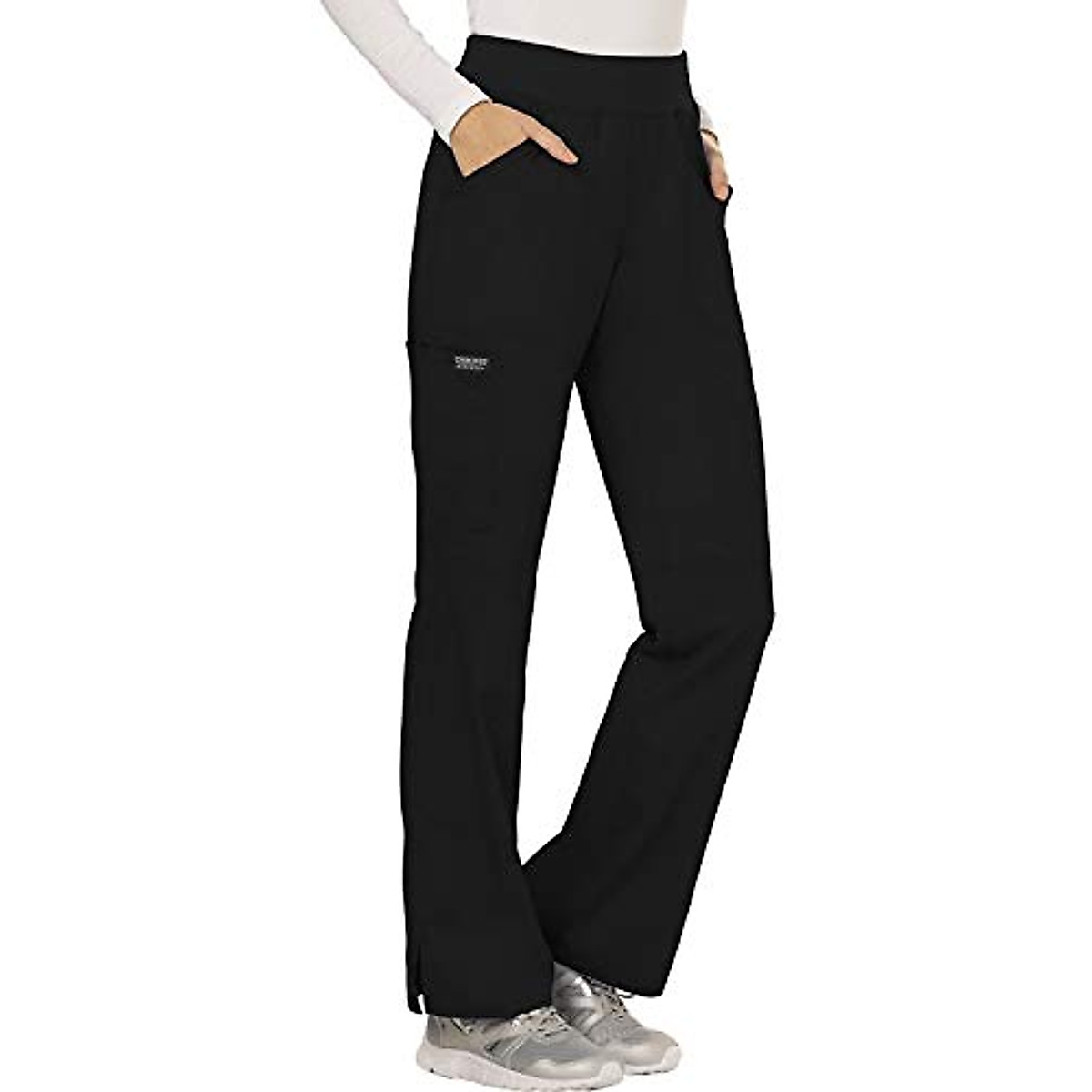 Cherokee Pull-On Scrub Pants for Women Workwear Revolution, Soft Stretch WW110P, L Petite, Black