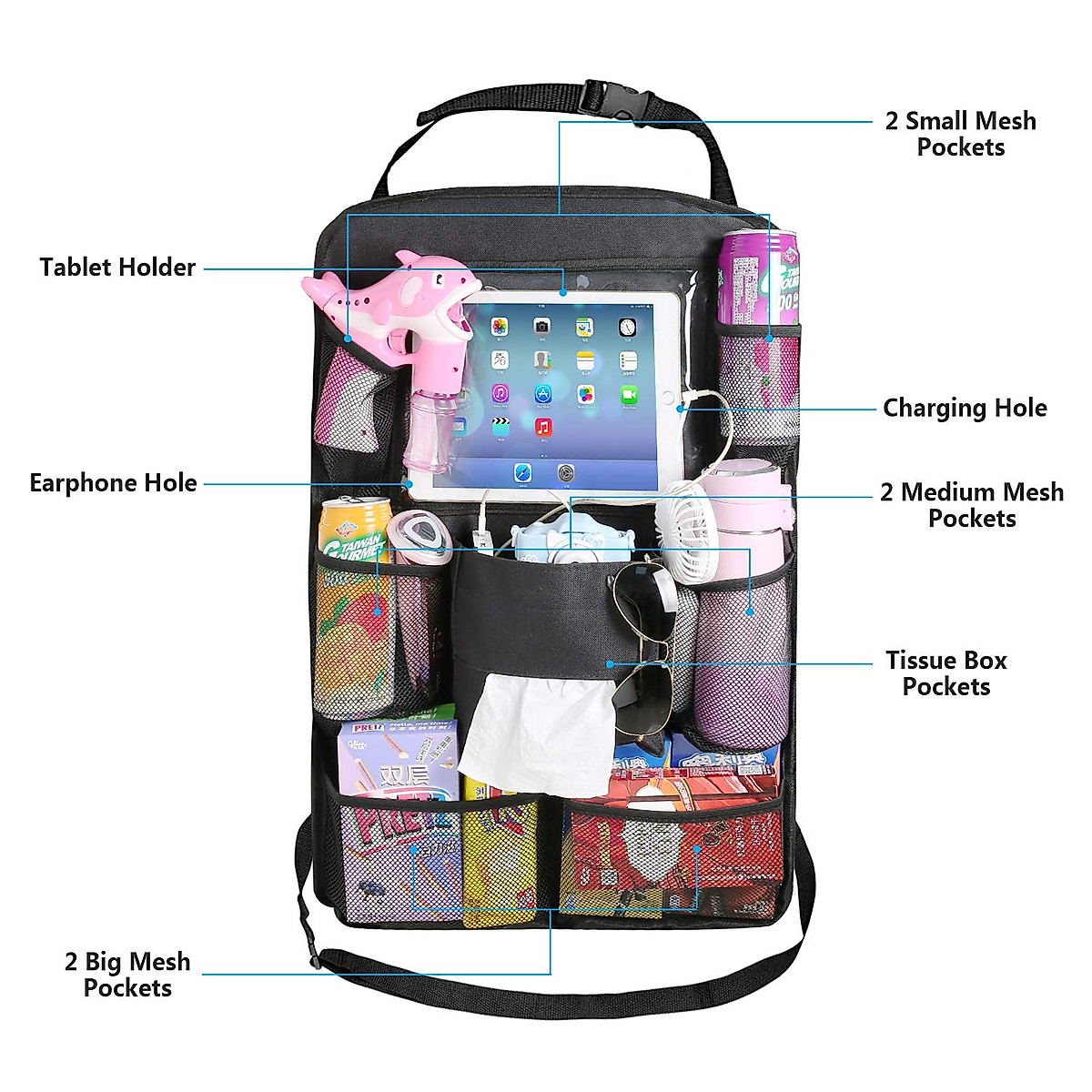 Car Back Seat Organizer Foldable Car Storage Organizer Car Seat Back Protectors with Hole for USB/Headphone/Charging Kick Mats Back Seat Protector with Touch Screen Tablet Holder Tissue Box