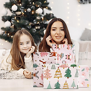 Vnaaem Pink Christmas Wrapping Paper for Boys Girls Kids - Cute Xmas Gift Wrap With Santa Christmas Tree Reindeer Design for Christmas Holiday Party Celebration - 20 X 28Inches Per Sheet(8 Pack)