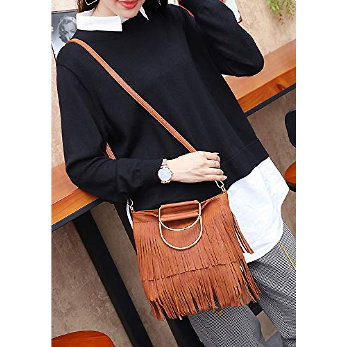 Ayliss Women Fringe Tassel Crossbody Bag Leather Shoulder Bag Hobo Handbag (Brown)