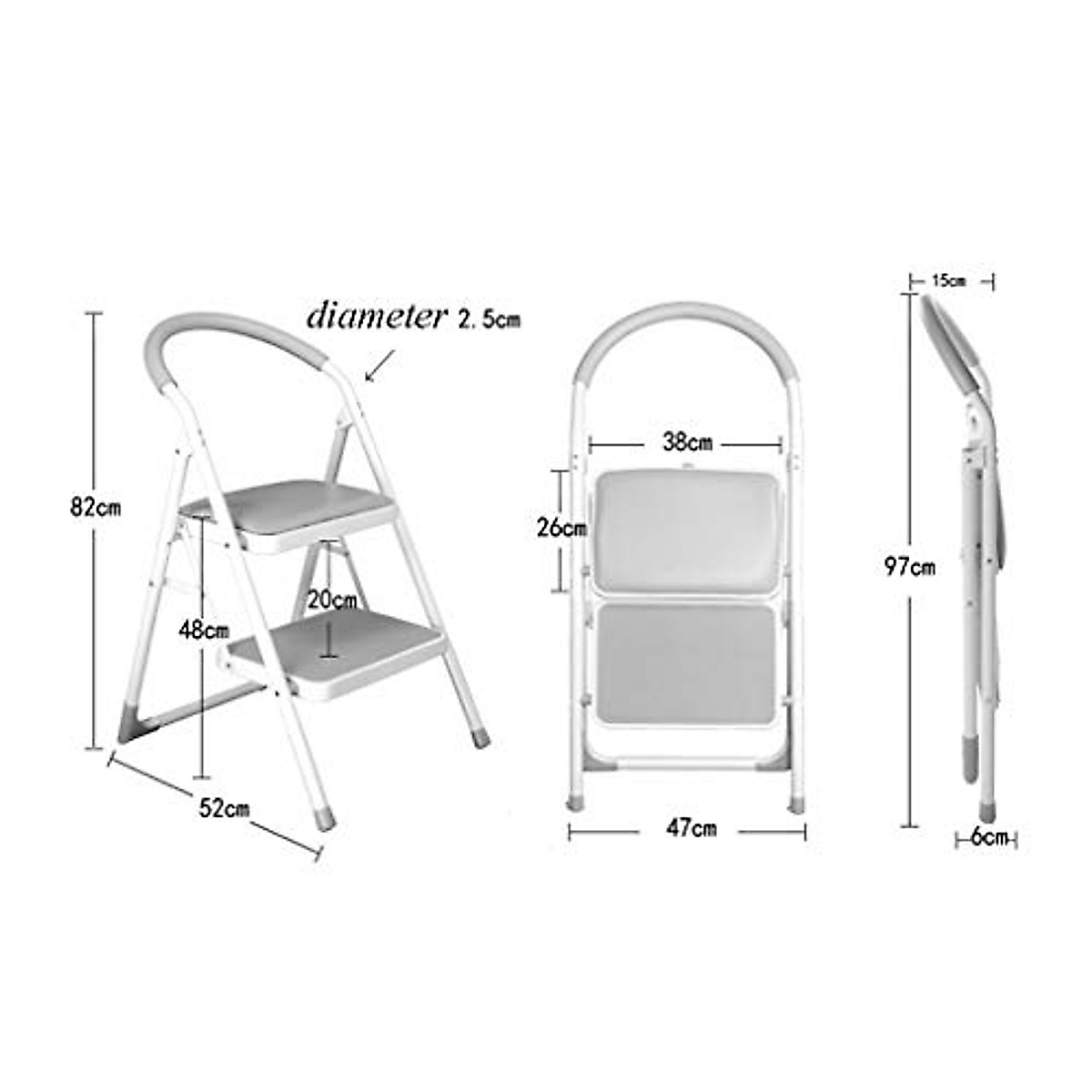 PENGJIE Folding Ladder Step Stool Ladder Stool 2 Step Folding Heavy Duty Steel Portable Anti-Slip Mat 150 Kg Capacity
