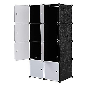 Trlec 8 Cube Organizer Stackable Plastic Cube Storage Shelves Design Multifunctional Modular Closet Cabinet with Hanging Rod White Doors and Black Panels