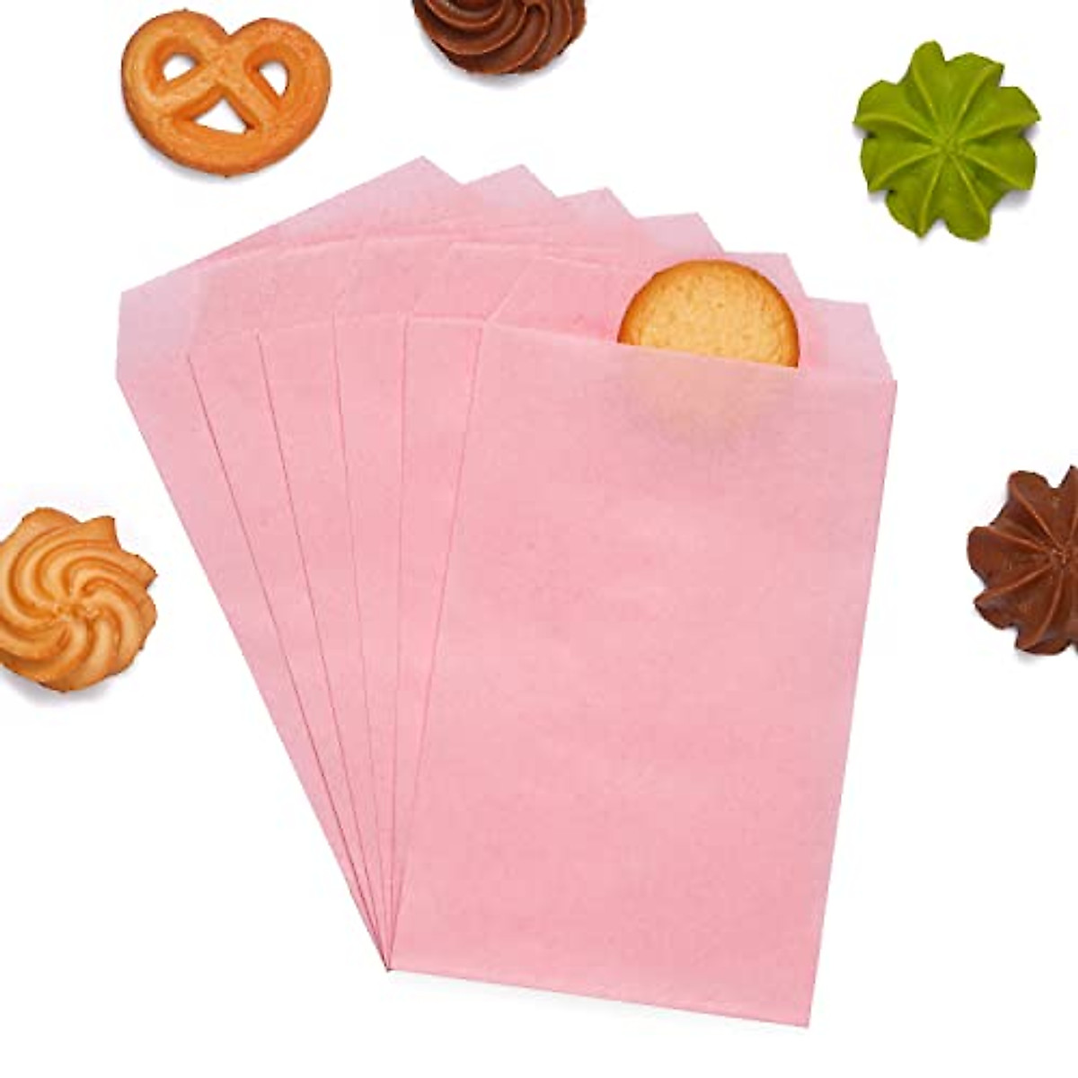 Baby Pink Flat Greaseproof Paper Cookie Bags 4x6 for Bakery Treat Candies Dessert Chocolate Soap Gifts Wedding Invitation Party Favor, Pack of 100 by Quotidian (4'' x 6'')