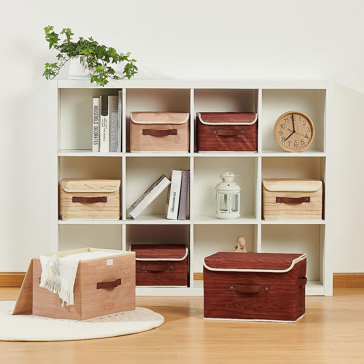 VinneGenzz Storage Boxes with Lid Decorative Wood Pattern Fabric Storage Bins Organizer Containers Collapsible Washable Shelf Baskets Faux Leather Handles for Home Bedroom Closet (Ash Wood, Small)