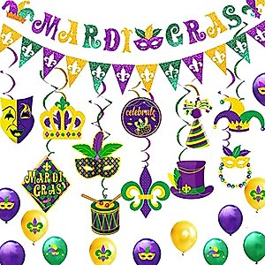 Nalyee Mardi Gras Decorations Party Supplies, Mardi Gras Banner Garland for New Orleans Masquerade Party Supplies, Mardi Gras Outdoor Indoor Hanging Decor, Carnival Masquerade Fat Tuesday Decor