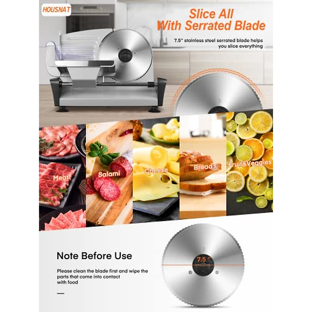 HOUSNAT Meat Slicer for Home Use, Electric Deli Food Slicer Machine with Two 7.5'' Blade and 0-15 mm Adjustable Thickness for Meat, Cheese, Bread, Include Food Pusher, 150W