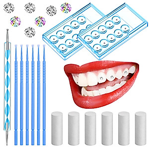 61 Pcs Tooth Gem Kit DIY Teeth Jewelry Dental Teeth Gems Reflective Teeth Diamonds Kit Artificial Crystal Tooth Ornaments Jewel with Applicator Sticks Dot Drill Pen Cotton Sticks(White,Colorful,Blue)